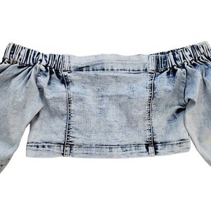 Madrag | Tops | Madrag Stonewash Off Shoulder Puff Sleeve Zip Back Crop ...